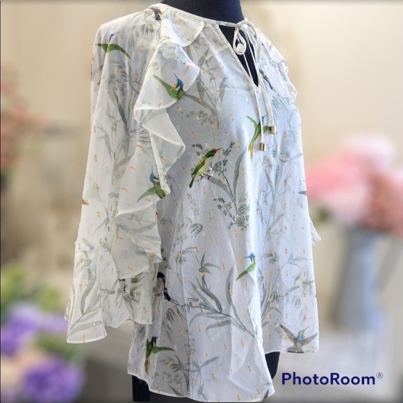 Ted Baker | Tops | Ted Baker Sheer Hummingbird Print Ruffle Flutter ...
